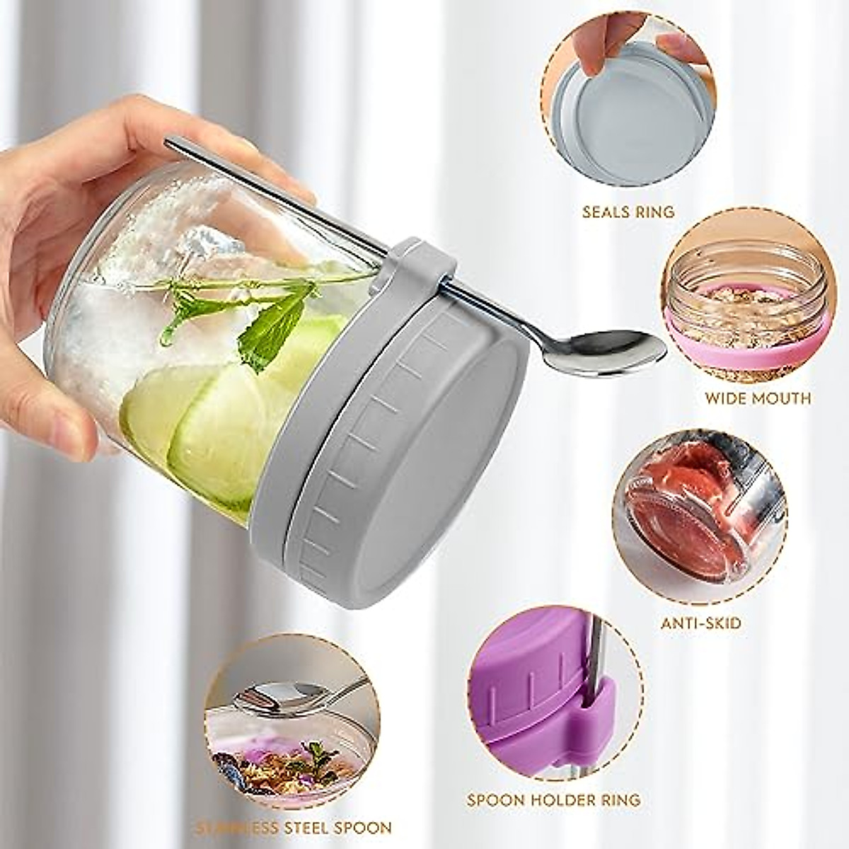 ZIJUND Overnight Oats Containers with Lid and Spoon, 16 oz & 10 oz Glass Mason Overnight Oats Jars, 2 Large & 2 Small Family Sharing, Airtight Jars for Salad, Cereal, Fruit (10 Pack)