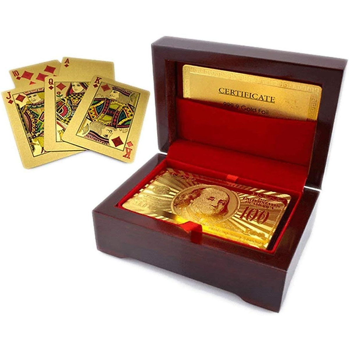 Gold Plated Playing Cards Poker with Wooden Gift Box Case Make Your Magic Tricks More Luxurious & Creative for Family & Friend