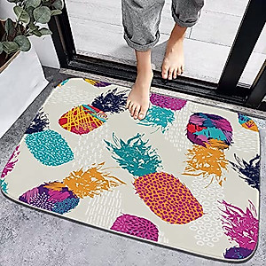 Kntiline Pineapple Bathroom Rugs and Mess Colorful Graffiti Mats Sets 3 Piece, Velvet Memory Foam Tropical Fruit Theme Bath Mat, Large Small and U-Shaped Contour Shower Mat Non-Slip Washable