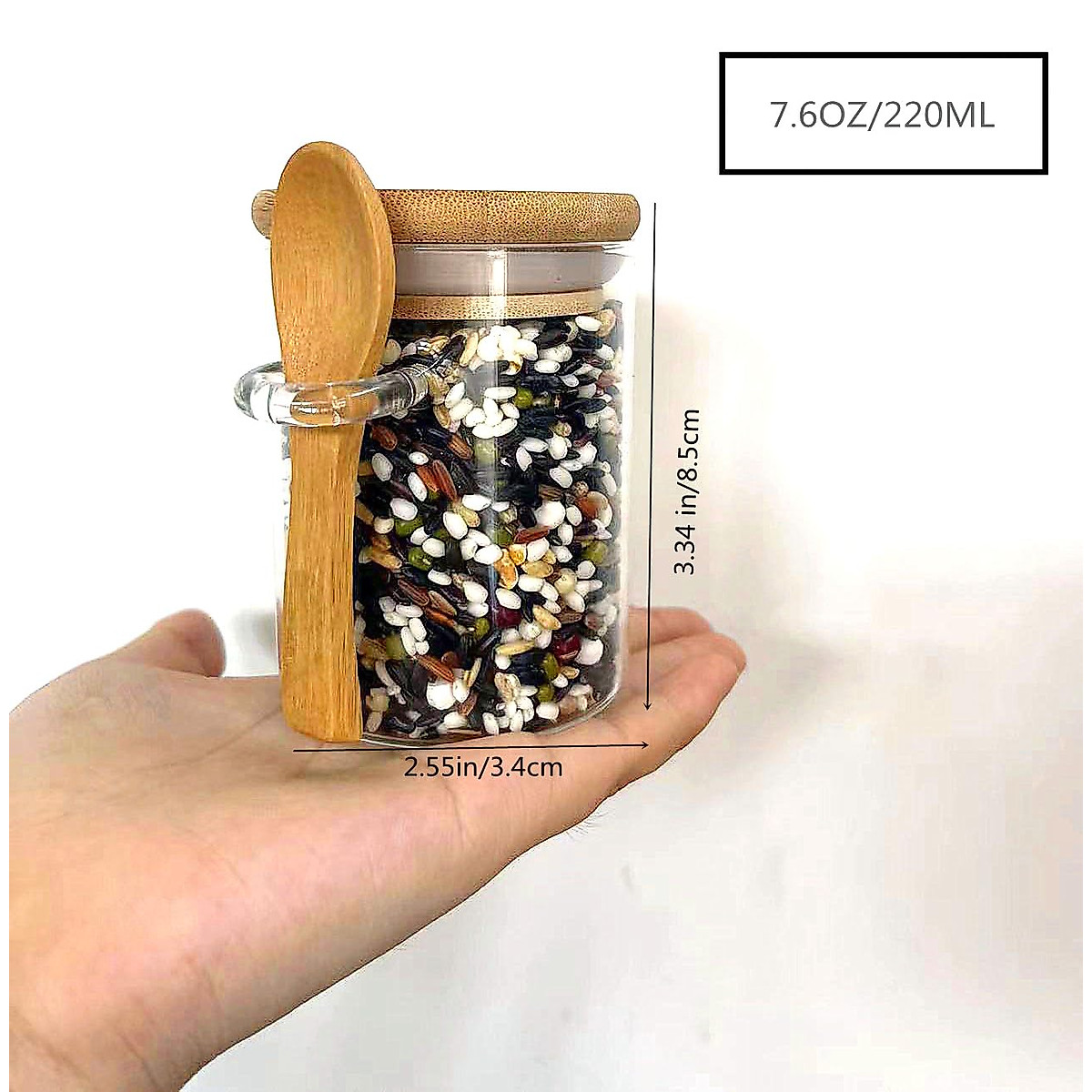 Livejun 8 oz Airtight Mini Glass Jars with Bamboo Lids and Bamboo Spoons , Spice Jars Small Food Storage Containers for Kitchen, Bathroom, Home Decor Set of 8