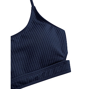 ZAFUL Women's Cutout Bikini Scoop Neck Ribbed High Cut Bikini Sets Two Piece Swimsuit (1-Deep Blue, S)