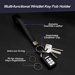 Car Key Fob Keychain Holder Genuine Leather Wristlet Loop Key Chain Circle Carabiner Clip for Men and Women with Anti-lost D Ring, Screwdriver, 4 Key Rings, 360 Degree Rotatable, Metal and Black