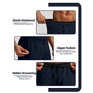 Pudolla Men's 2 in 1 Running Shorts 7" Lightweight Workout Athletic Gym Shorts for Men with Zipper Pockets(Navy Medium)