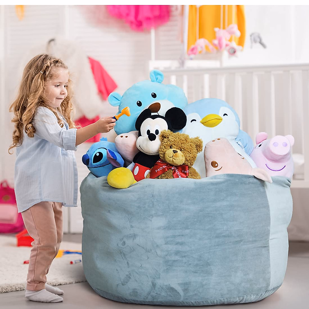 Bean Bag Chair Cover, Stuffed Animal Storage, Plush Toys Organizer Holder, Beanbag Chairs Cover for Kids Teans and Adults Super Soft and Comfortable Fabric X-Large with Handle and Zipper -Round Grey