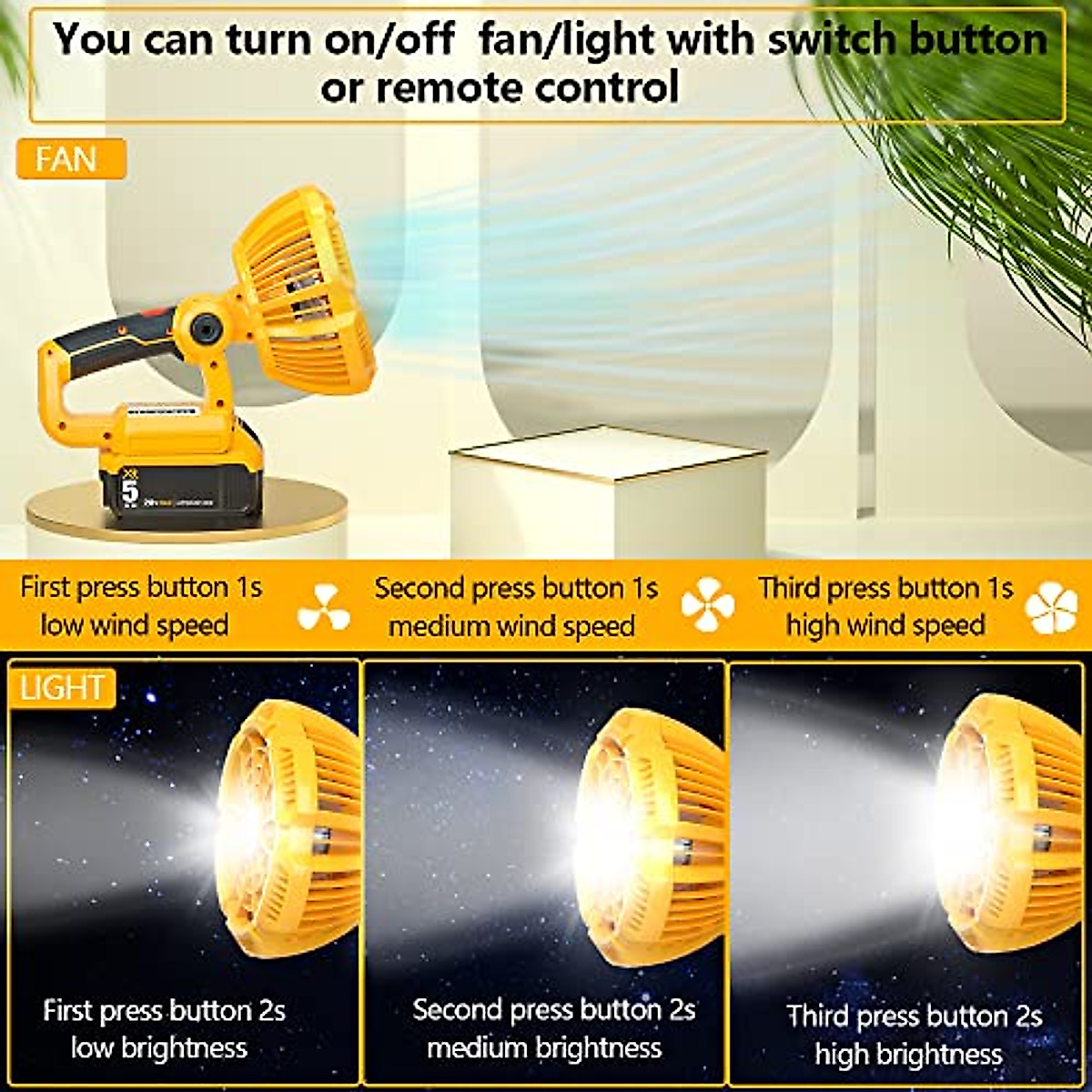 WaxPar For Dewalt Fan Cordless Camping Fan for Dewalt 20V Lithium Battery, USB Floor Fan Battery Operated Fan with 9W LED Light, Remote, 4H Timer Portable Tent Fan for Jobsite, Hiking, Fishing