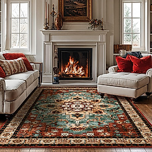 LBRO2M Boho Area Rug 5X7 Washable Rugs Low Piles, Non Slip Soft Boho Rugs for Living Room, Bedroom, Dining Room Rug Pet Friendly Area Rugs (Red, 5X7)