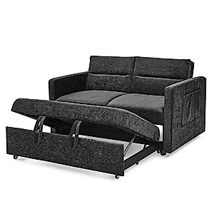 Cotoala Modern Velvet Convertible Loveseat Sleeper Sofa with Adjustable Backrest, Pull Out Bed w/Arms & 2 Lumbar Pillows, 2 Seat Corner Couch Living Room & Apartment, Black