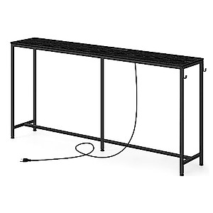 Black Console Table with Outlet Narrow Long Entryway Table Skinny Couch Table Behind Sofa Table with Charging Station and Hooks Modern Hallway Table for Living Room Foyer Corridor