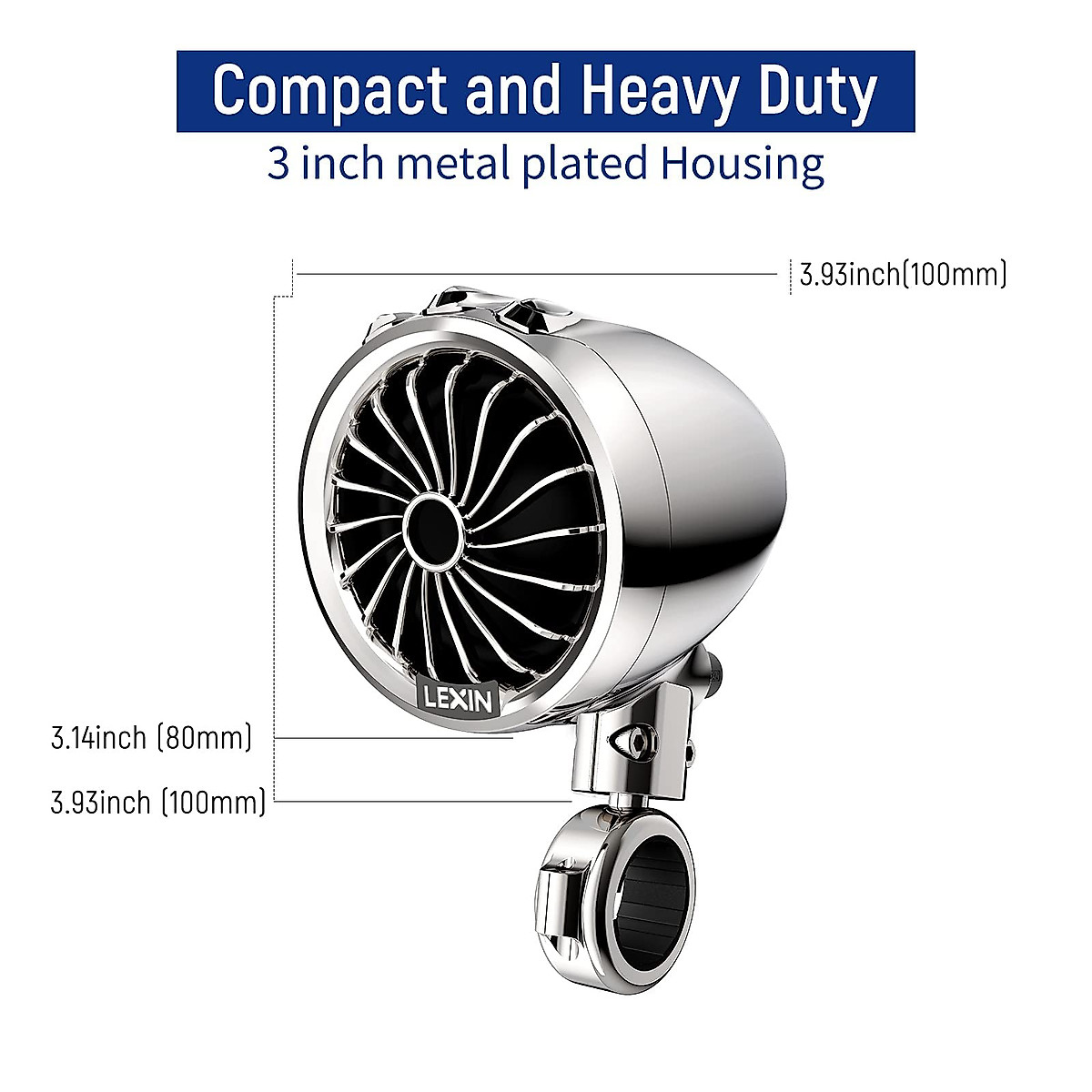 LEXIN Q3 Motorcycle Speakers Bluetooth Waterproof, 3" Full Range Handlebar Audio Systems for Harley with Stereo/Bass Sound, Turning Light, Bluetooth V5.1, FM Radio, Fits ATVs/UTVs, Chrome