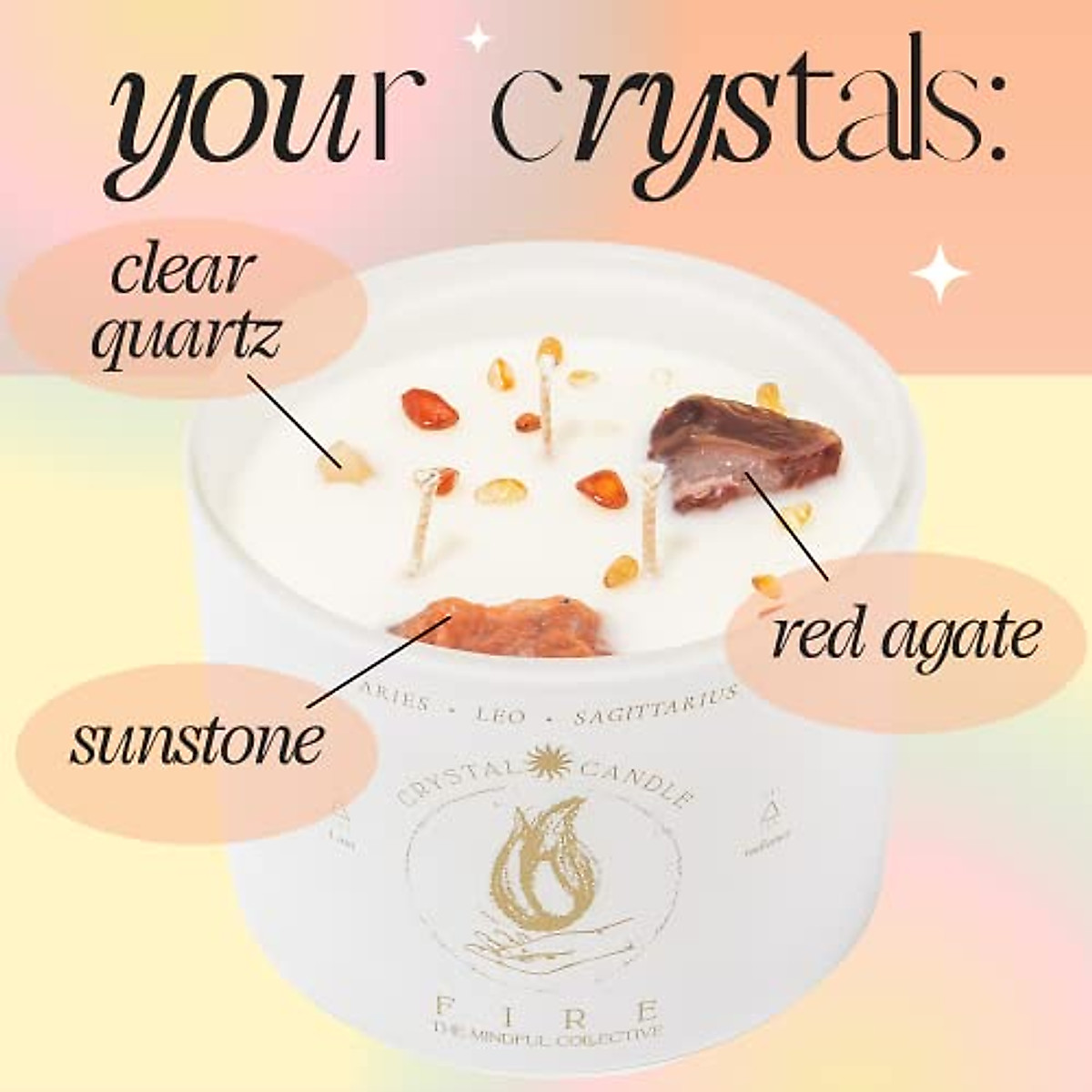 Healing Crystal Candle, 12oz - 3 Wick Aries, Leo, Sagittarius Zodiac Candles with Crystals Inside. Zodiac Gifts for Women, Real Crystals and Healing Stones Manifestation Candle, Meditation Candle