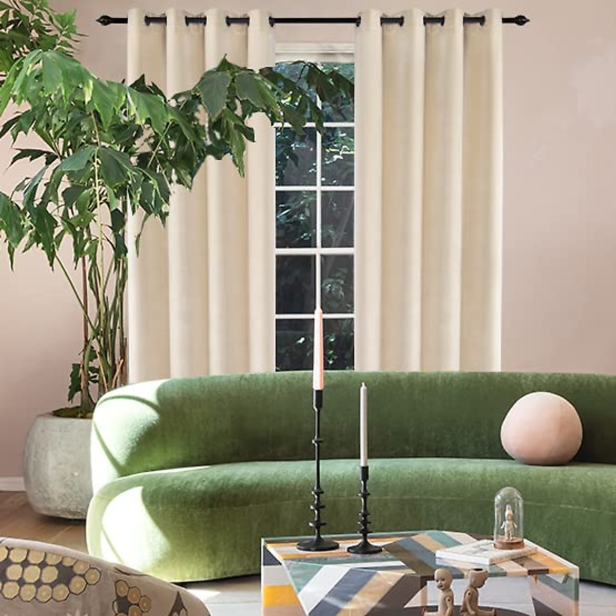 SNITIE Ivory Beige 63in Long Velvet Blackout Curtains with Grommet, Super Soft Thermal Insulated Noise Reducing Thick Velvet Drapes for Living Room and Bedroom, Set of 2 Panels, 52 x 63 Inch Long