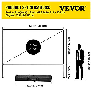 VEVOR Movie Screen with Stand 135inch Portable Projector Screen 16:9 4K HD Wide Angle Projector Screen with Stand Easy Assembly with Storage Bag for Both Indoor and Outdoor Use