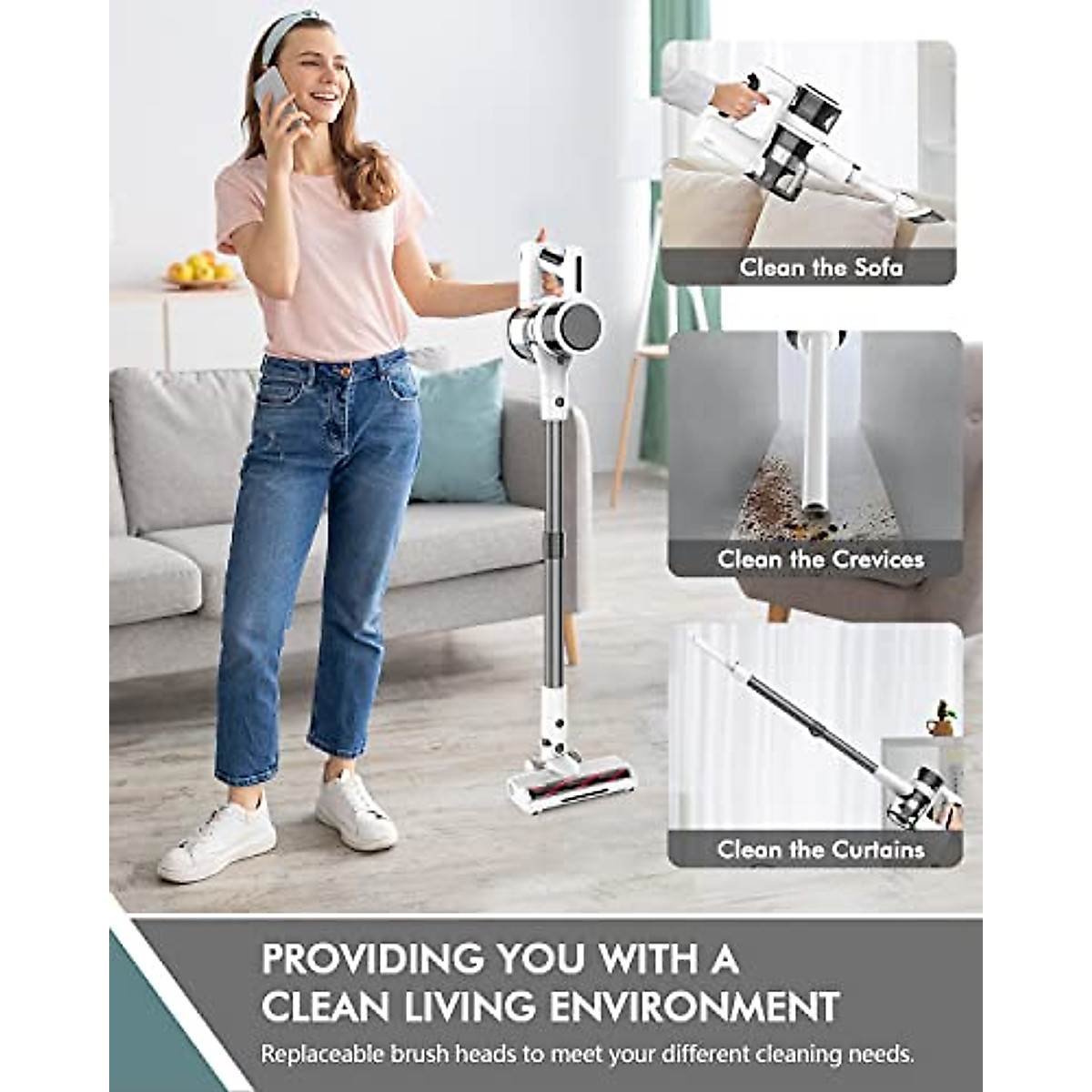 Fykee Cordless Vacuum Cleaner, 80,000 PRM Vacuum Cleaner with 2200 mAh Battery and 2 Adjustable Model, Rotated LED Brush Head Detachable Stick Vacuum up to 35 Mins Runtime