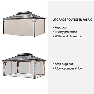 Ulax Furniture 12' x 16' Outdoor Gazebo Patio Permanent Hardtop Pergola with Aluminum Frame Galvanized Steel Double Roof Mosquito Net and Privacy Curtain