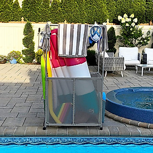 Pool Bins Pool Equipment Holder with Towel Drying Bars, Mesh Rolling Multi Use Storage Organizer Bin, Large Towel Hanger (25" L x 34.5" W x 62.6" H), Gray