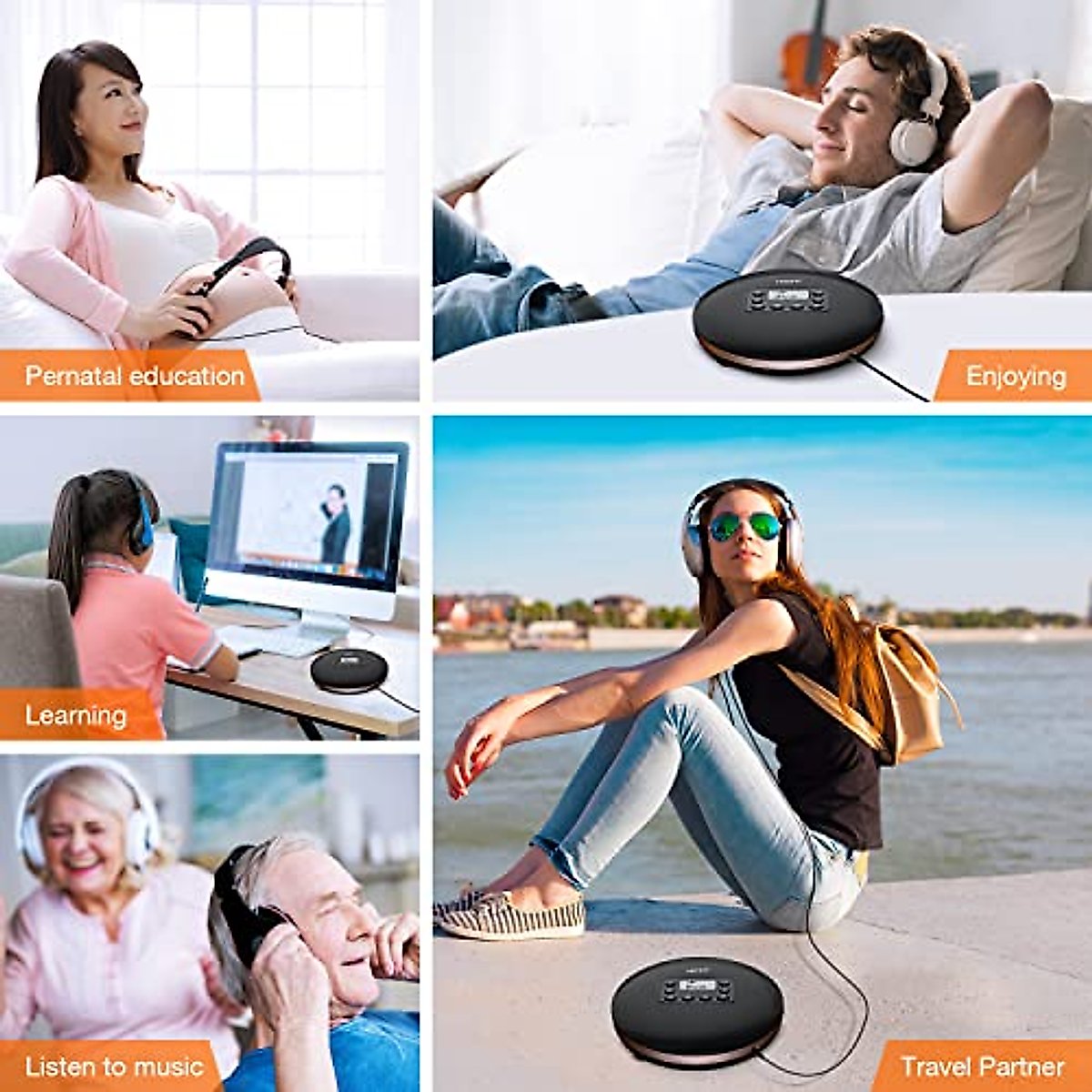 CD Player Portable with Bluetooth, Rechargeable Portable CD Player for Car and Home, Walkman CD Player with Headphones and AUX Cable for Travel, Discman CD Player with Anti-Skip Shockproof, Black