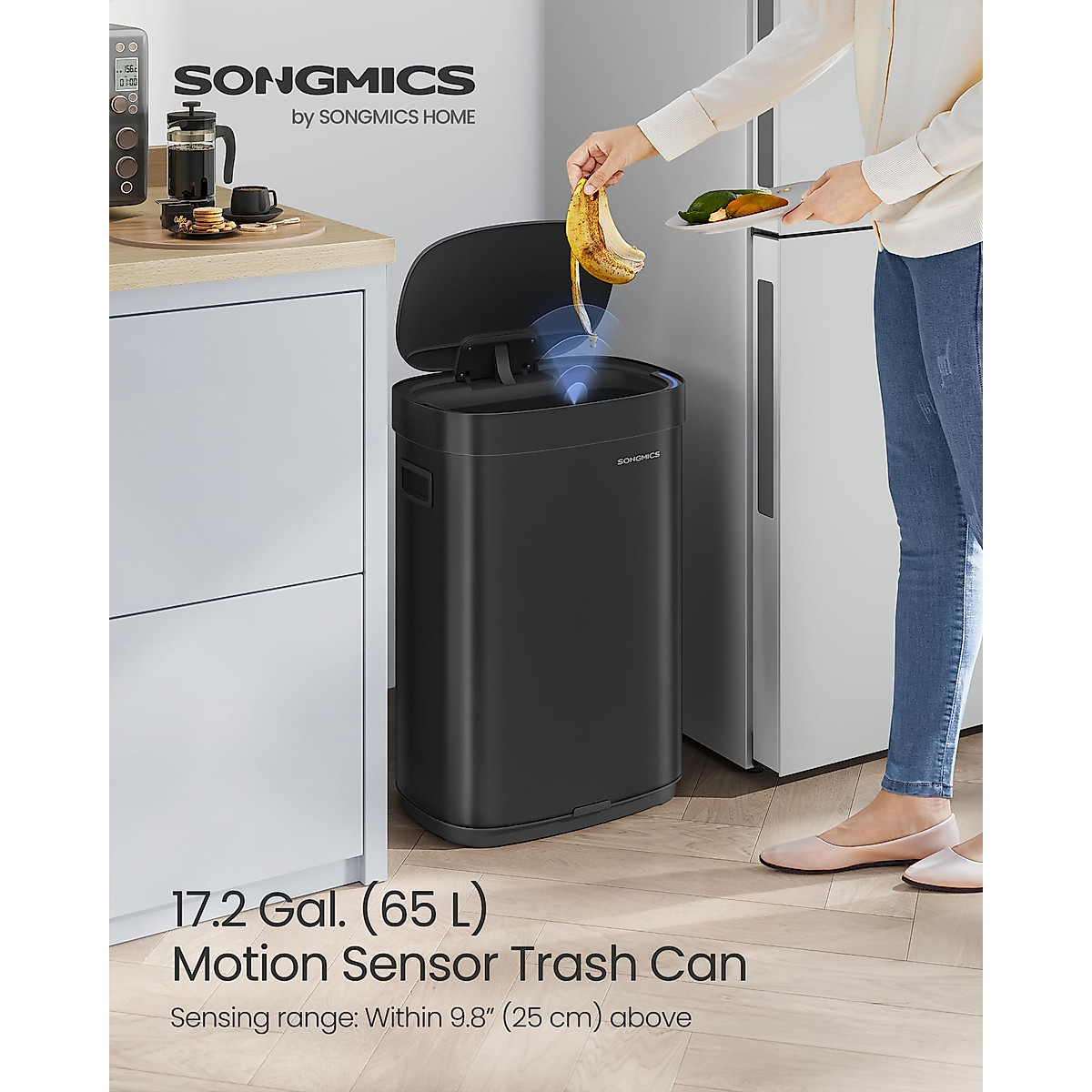 SONGMICS Kitchen Trash Can, 17.2-Gallon (65 L) Motion Sensor Garbage Can, Stainless Steel Trash Bin, Ozone Odor Control, Stay-Open, Ink Black ULTB660B01