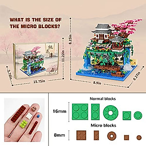 NEWABWN Peach Blossom Pond Micro Mini Building Blocks Set for Adults and Kids, Chinese Architecture Cherry Bonsai Tree Gift Toys with String Lights, Japanese Sakura Tree House Micro Bricks (3320PCS)