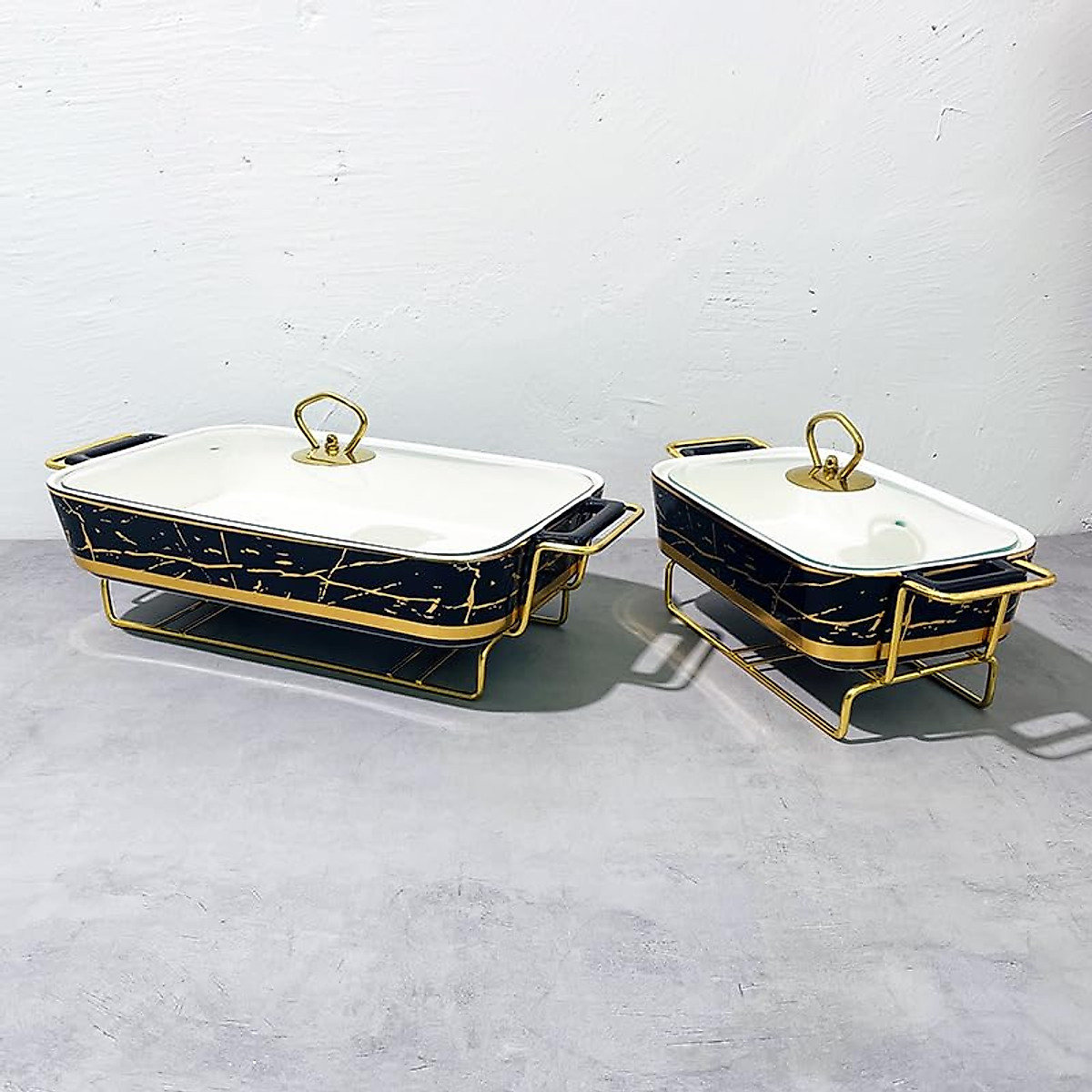 HONHPD Ceramics Chafing Dish Buffet Set, Marble Finish Chafing Dish, Rectangular Chafers for Buffet/Weddings/Parties/Banquets/Catering Events, Black (3 Piece Set）