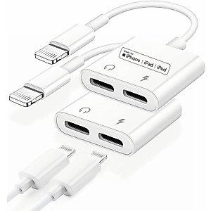 [Apple MFi Certified] 2PACK Dual Lightning iPhone Splitter & iPhone Dongle Adapter 4 in 1 Music+Charge+Call+Volume Control Compatible for iPhone 14/13/12/11/XS/XR/8/7/6/iPod/iPad