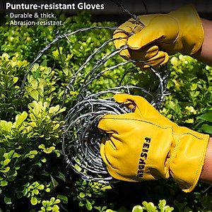 FEISHDEK Yellow Large Cowhide Thorn Proof Gardening Gloves for Men Safety Working Gloves with Durable Grip Reinforced Palm Patch