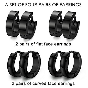 LIEBLICH Huggie Stud Earrings Black Small Hoop Stainless Steel Earrings for Men Women 4 Pairs 2 Styles (Black)