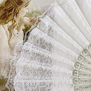 sehtorry White Lace Hand Folding Fan Bridal Dancing Props Floral Handheld Fan for Women Wedding Décor or Party Dess-up Favors