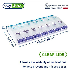 EZY DOSE Push Button (7-Day) Pill, Medicine, Vitamin Organizer | Weekly, 2 Times a Day, AM/PM | Large Compartments | Arthritis Friendly | Clear Lids