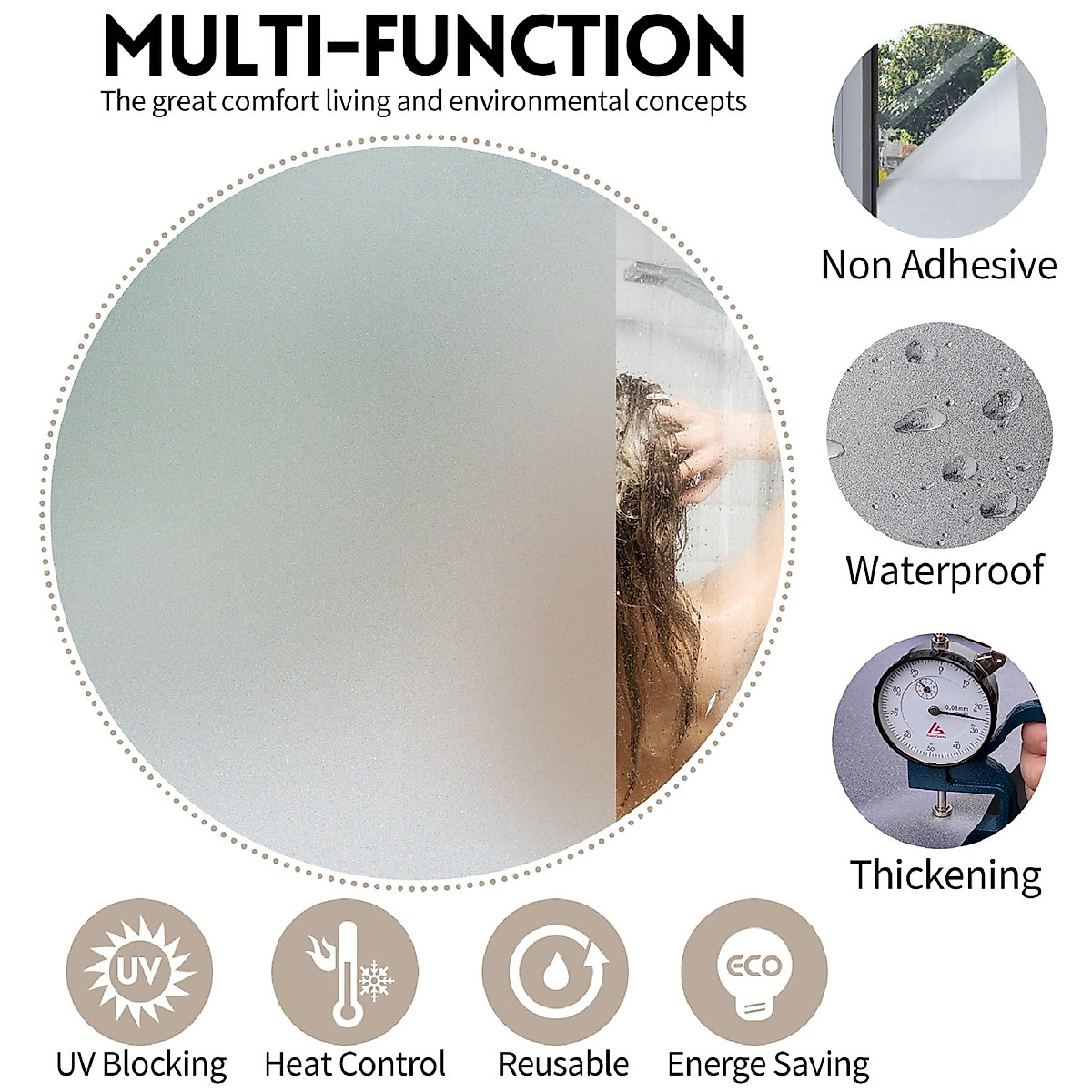 KESPEN Frosted Window Privacy Film Heat Control UV Sun Blocking Glass Stickers Static Cling Non Adhesive Door Coverings Decals for Bathroom Home Office, Frosted, 17.5 Inch X 6.5 Feet