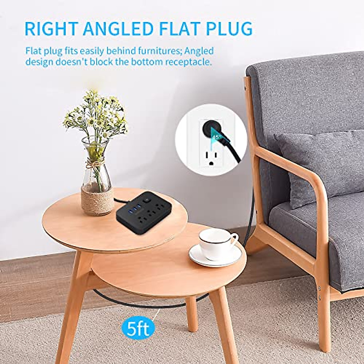 Power Strip with USB Ports, JcBlaon Outlet Extender with 3 USB and 3 Outlets, 5ft Flat Plug Extension Cord Desktop Charging Station, for Nightstand, Office Cruise Ship, Travel, Dorm Room, Black