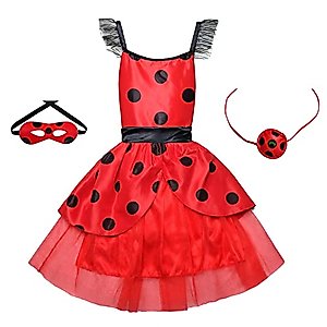 Oilzorr Ladybug Dress Costume for Girls with eye mask and Bag for Birthday Gifts Halloween Christmas 3Pcs Sets (9-10/150)