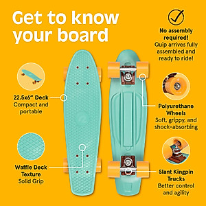 Retrospec Quip Mini Cruiser Skateboard 22.5" and 27" Classic Retro Plastic Cruiser Complete Skateboard with ABEC 7 Bearings and PU Wheels Compact Board with Grippy, Molded Waffle Deck
