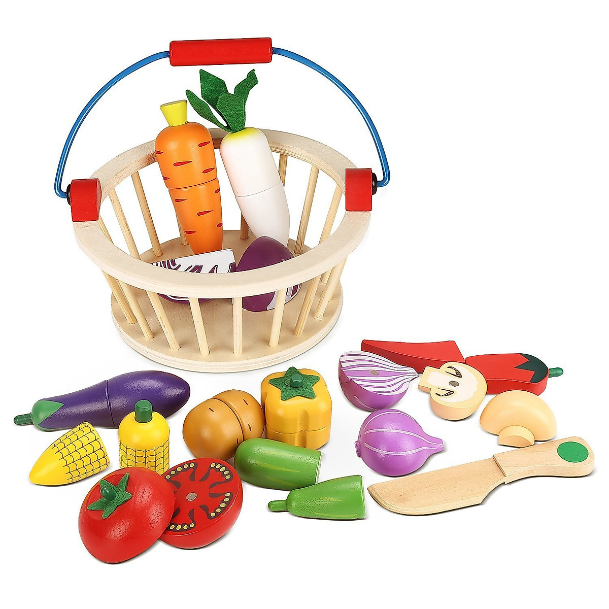 Victostar Magnetic Wooden Cutting Fruits Vegetables Food Play Toy Set with Basket for Kids