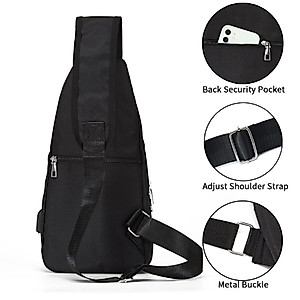 Men Women Sling Backpack Anti Theft Crossbody Shoulder Chest Bag with USB Charging Port Black