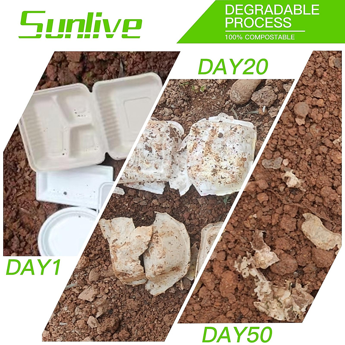 Sunlive 100% Home Compostable 50 Pack Disposable Clamshell Take Out Food Containers, 8X8'' 1-Compartment to go Containers, Heavy-Duty to go Boxes, Eco-Friendly Biodegradable, Made of Sugarcane Fibers