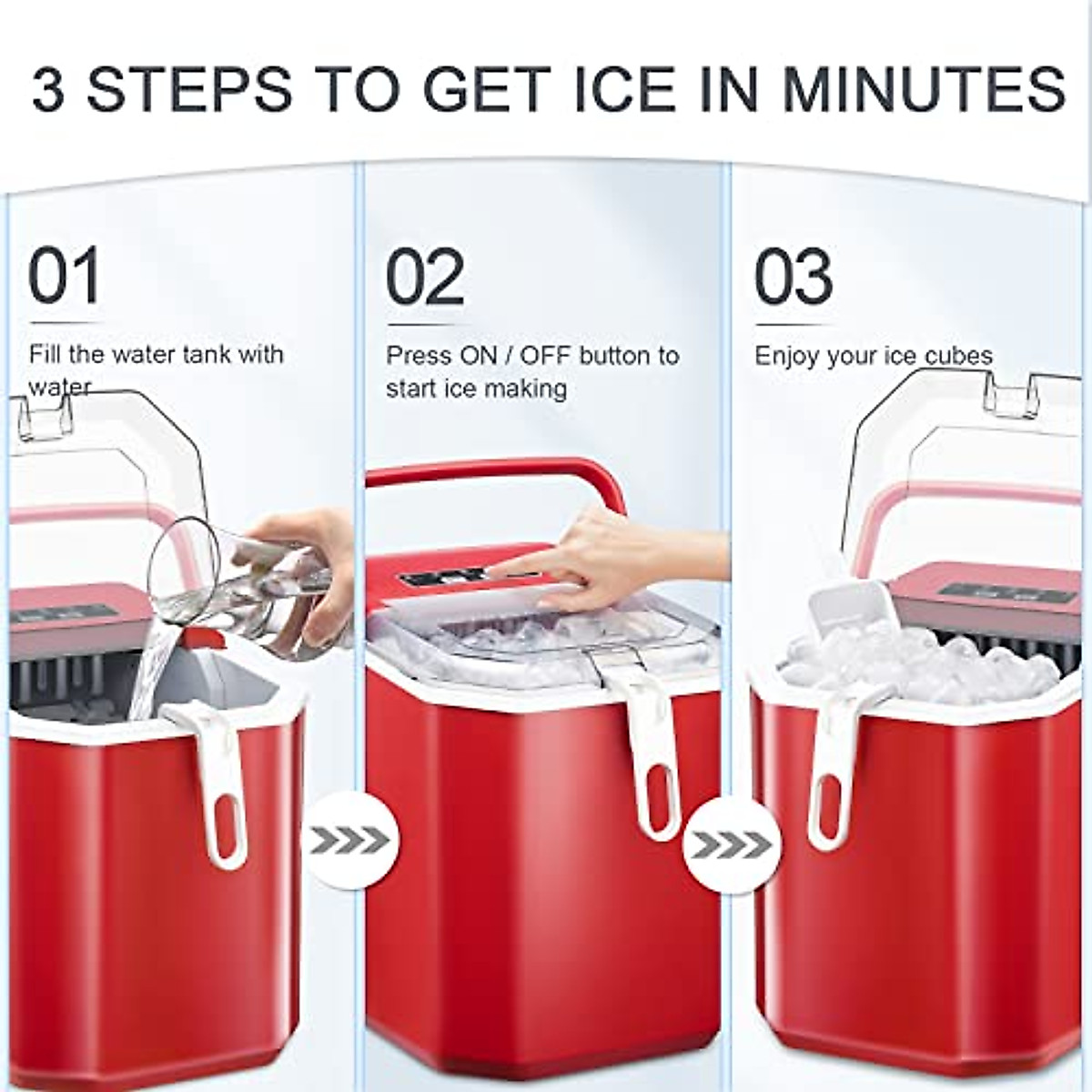 Antarctic Star Countertop Ice Maker, S/L Bullet Ice, 28lbs/Day, 9 Ice Cubes in 6 Mins, Portable Ice Machine with Ice Scoop and Handle, Self-Cleaning, One-Click Operation, for Kitchen Office Home Red
