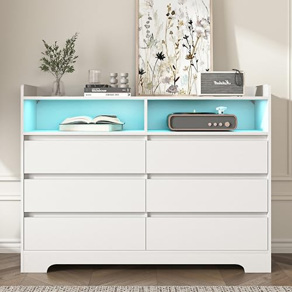 CIPACHO White Dresser for Bedroom,Modern 6 Drawer Dresser with LED Light and Open Shelf,Wide Storage Chest of Drawers,Bedroom Storage Furniture