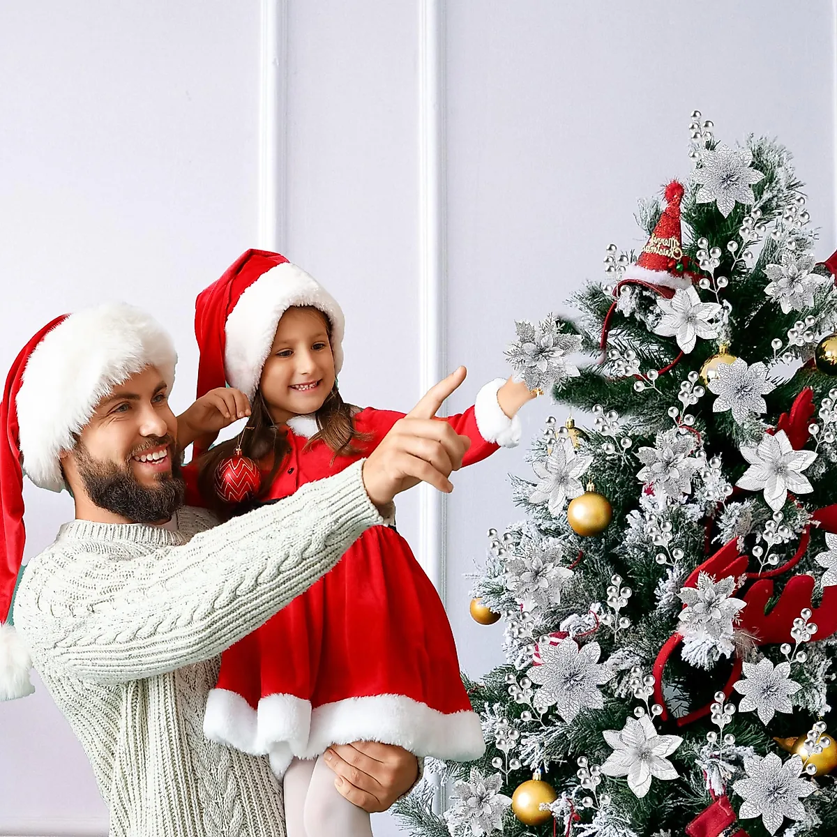 Sggvecsy 30 Pcs 3 Styles Christmas Glitter Poinsettia Flowers Artificial Berry Picks Christmas Tree Ornaments Artificial Christmas Flowers with Clips for Xmas Wreath Wedding Floral Decorations(Silver)