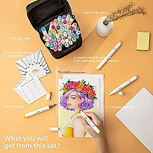 Ohuhu Alcohol Markers Brush Tip: Double Tipped Art Marker Set for Artist Adults Coloring Sketching Drawing Alcohol-based Ink - Brush Chisel Dual Tips - Honolulu - 48 Colors w/ 1 Blender and Case
