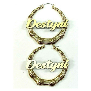 Stylish Bamboo Earrings Personalized Custom Gold 1.5, 2.5, 3.5" Size and Background Color Choice Hoop Name Plate Laser Cut Made To Order - Any Name Script Cursive Letters Stunning, Quality, Attractive (3.5" Bamboo Earrings)