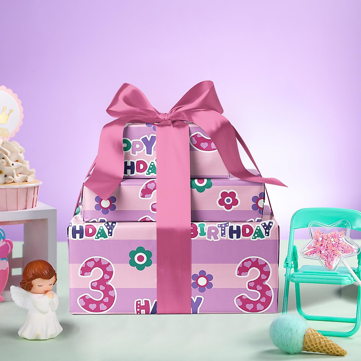 WRAPAHOLIC 3rd Birthday Wrapping Paper Sheet - 6 Sheets Pink Happy Birthday with Floral Design Folded Flat for Birthday, Party, Baby Showers - 19.7 Inch X 27.5 Inch Per Sheet