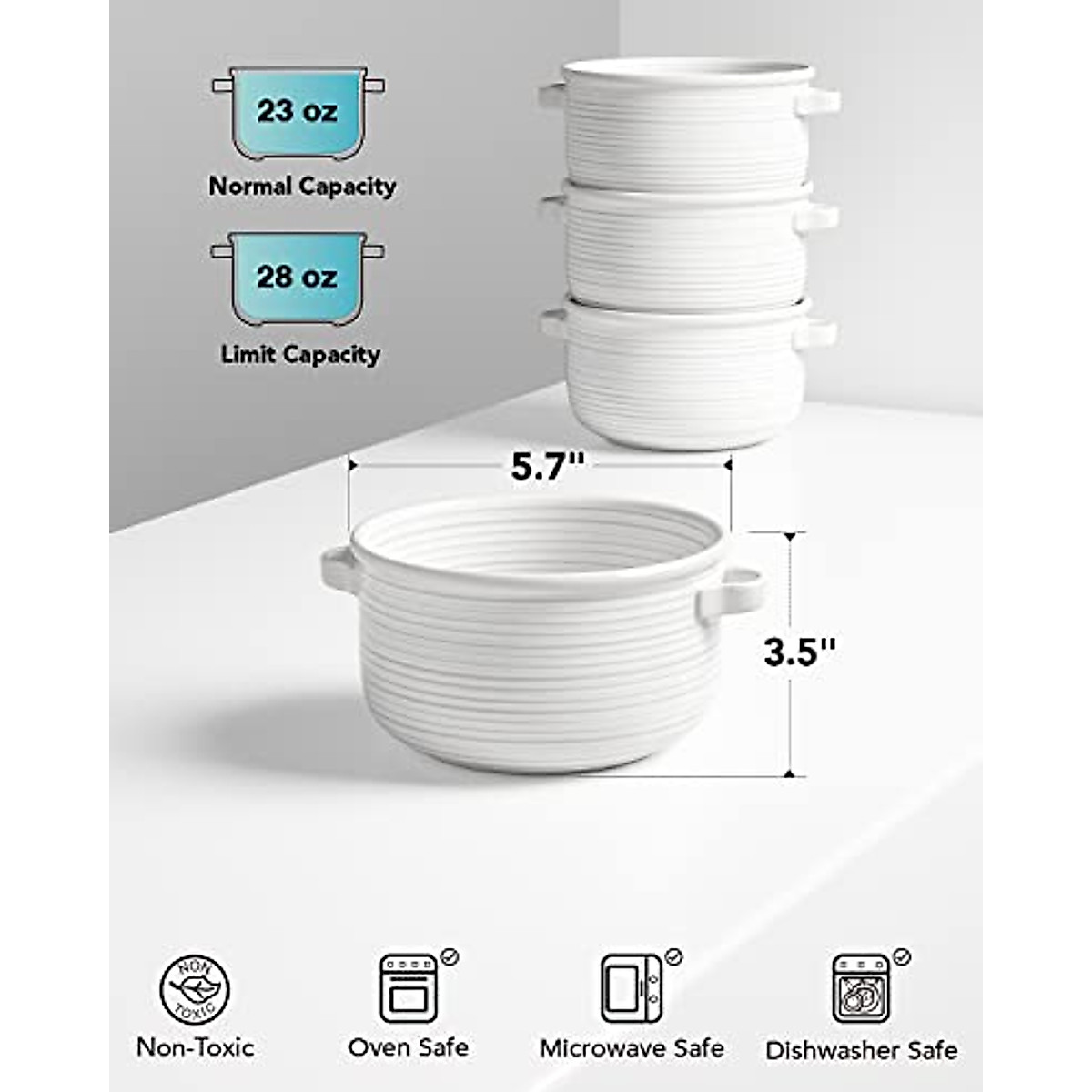 LE TAUCI Soup Bowls with Handles, Ceramic French Onion Soup Bowls 28 Ounces for Soup, Cereal, Chilli, Beef Stew, Stackable Serving Bowls Set, Oven Microwave Dishwasher Safe, Set of 4, White