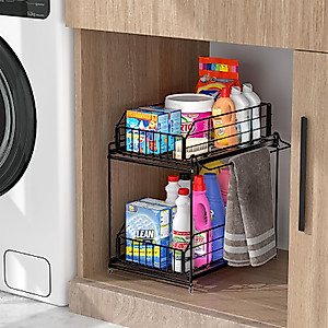 SUEH DESIGN Under Sink Organizers and Storage, Large Capacity Under Cabinet Storage 2 Tier Pull Out Kitchen Cabinet Organizer with Hanging Rail for Bathroom Kitchen Storage Shelf