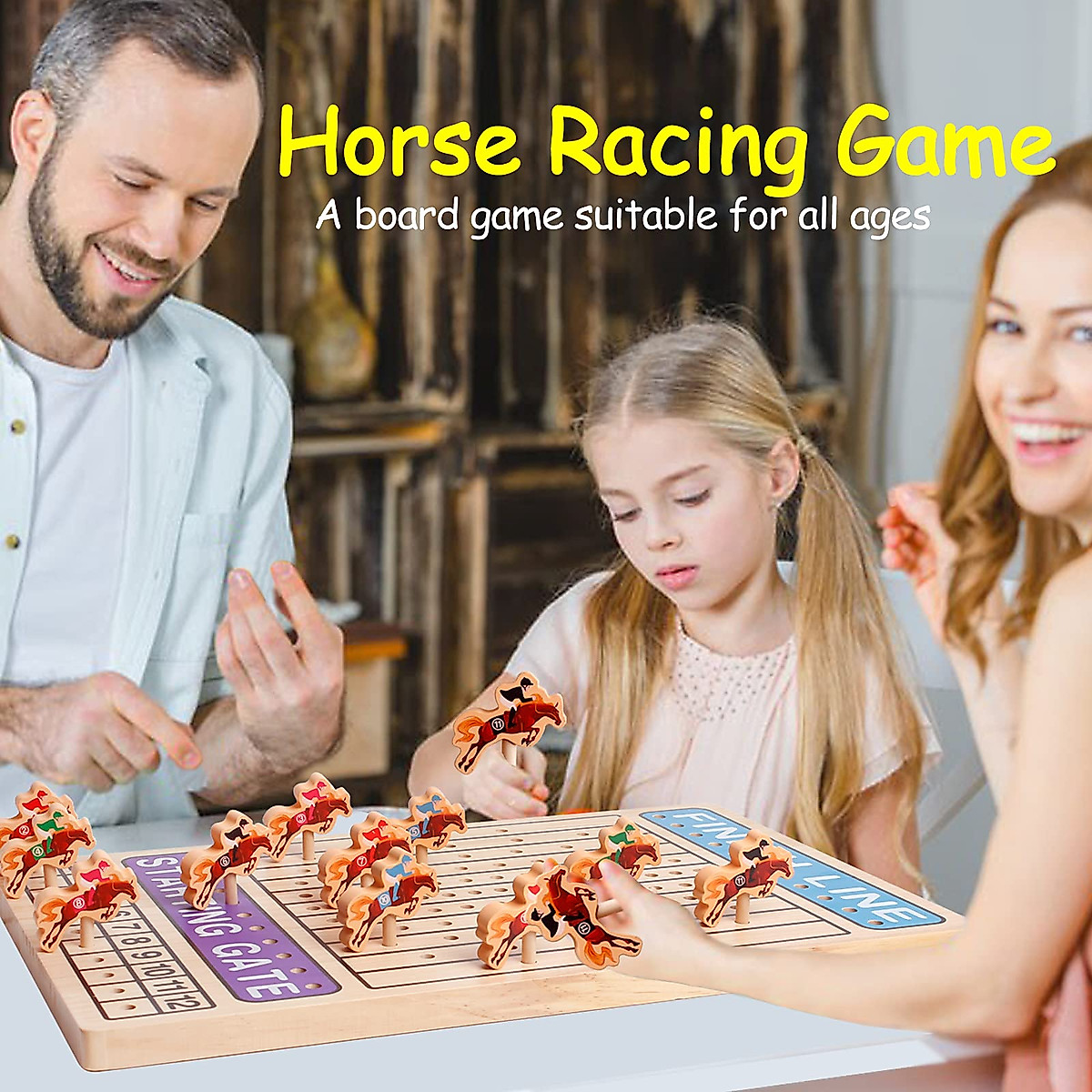 BEAUAM Horse Racing Board Game Wooden Challenge Toy Poker with 11 Durable Horses Dice & Cards for Kids Family Game Brain Teaser Gamble Game Chess