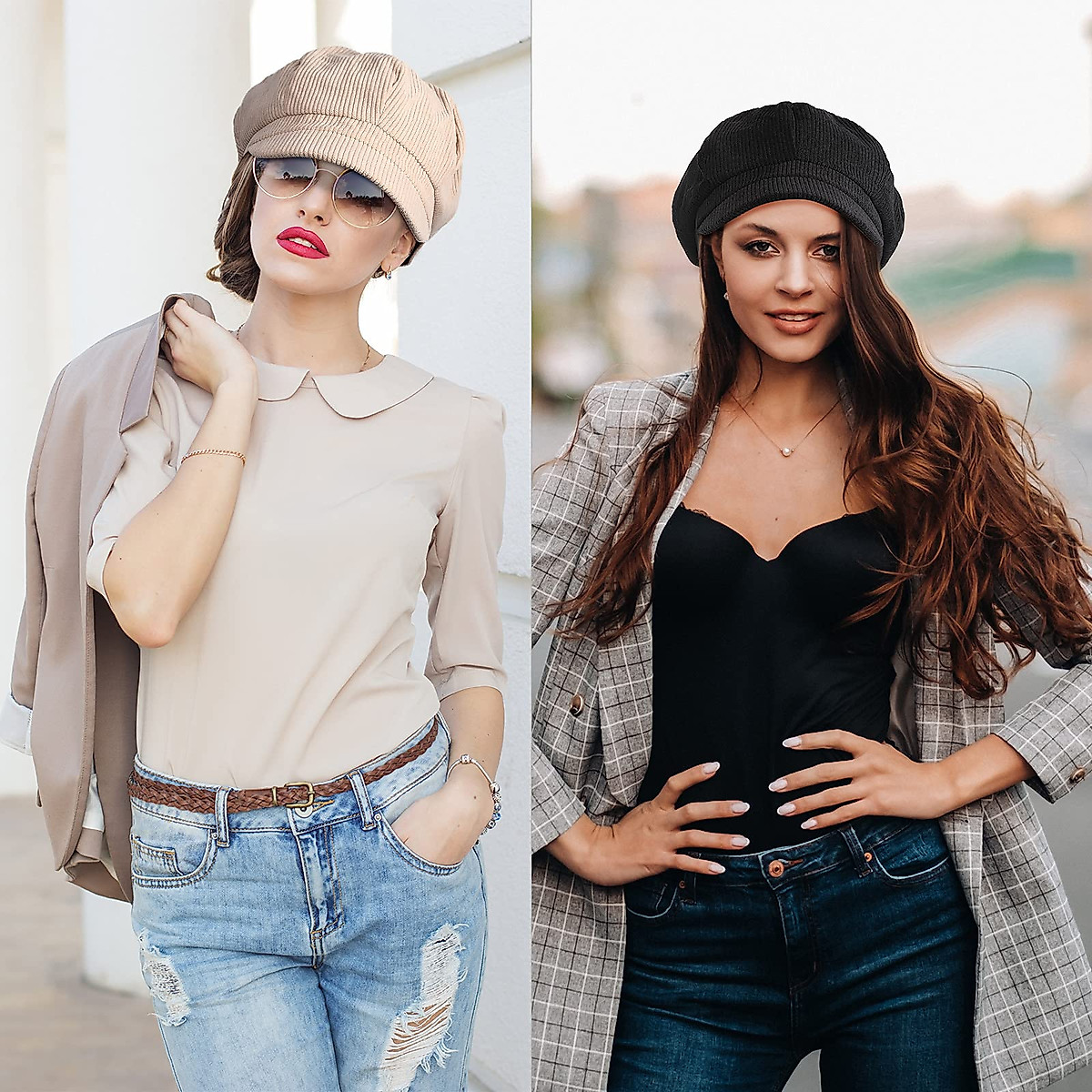 3 Pieces Women Newsboy Cap Winter Beret Cap Cabbie Painter Hat 8 Panel Vintage Octagonal Visor Hats (Black, Beige, Gray)