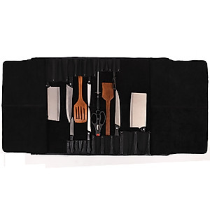 Aaron Leather Goods Leather Knife Roll Storage Bag | Elastic and Expandable 10 Pockets | 6 Leather Pocket | Travel-Friendly Chef Knife Case Roll (Raven, Leather)