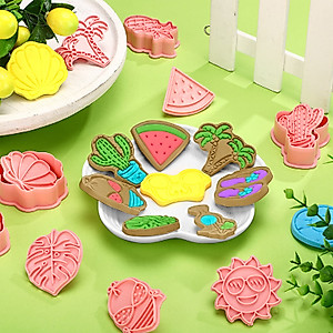 16 Pcs Summer Beach Cookie Cutters with Plunger Stamps Set Hawaiian Biscuit Mold 3D Fondant Cookie Stamper Pineapple Flamingo Cactus Sun Starfish Seashell Palm Tree for Baking Supplies