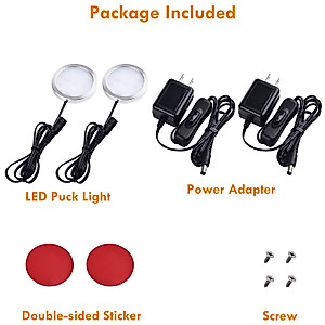 Lvyinyin Single LED Puck Light for Under Obove Cabinet Counter Bar Shelf Back Lighting, 120V Electric Direct Wall Plug in, Handy On Off Switch, Black Cables, 2 Packs, Warm White