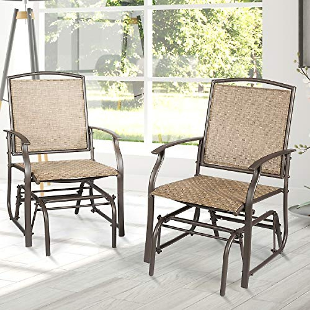 Giantex Outdoor Glider Chair W/Sturdy Metal Frame & Breathable Mesh Fabric, Porch Lounge Swing Rocking Chairs Set of 2 for Lawn, Garden, Porch, Backyard, Poolside, Patio Gliders for Outside
