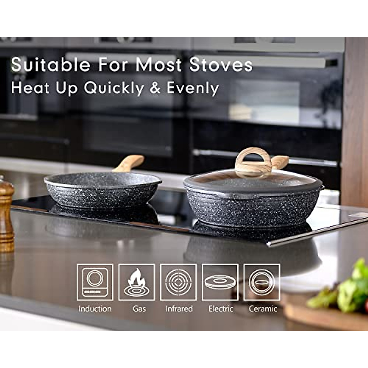 JEETEE Pots and Pans Set Nonstick, Granite Coating Cookware Sets Induction Compatible 16 Pieces with Frying Pan, Saucepan, Sauté Pan, Casserole, Cooking Pots, PFOA Free, (Grey, 16pcs)